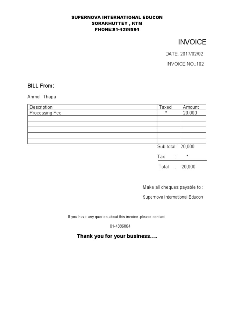 Processing Fee Invoice for Supernova International Educon | PDF