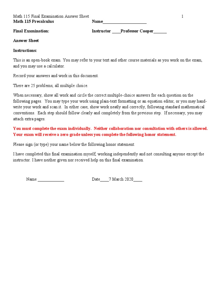 UMUC MATH 115 Final Exam | PDF | Multiple Choice | Test (Assessment)