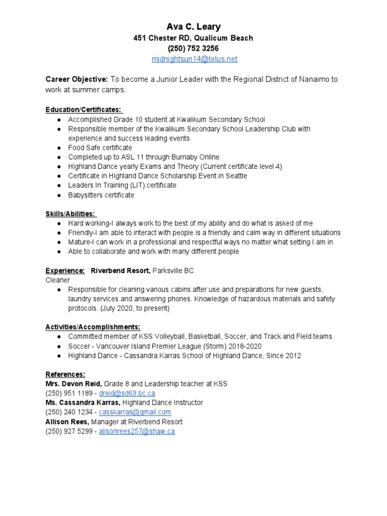 Ava C. Leary: Work at Summer Camps | PDF