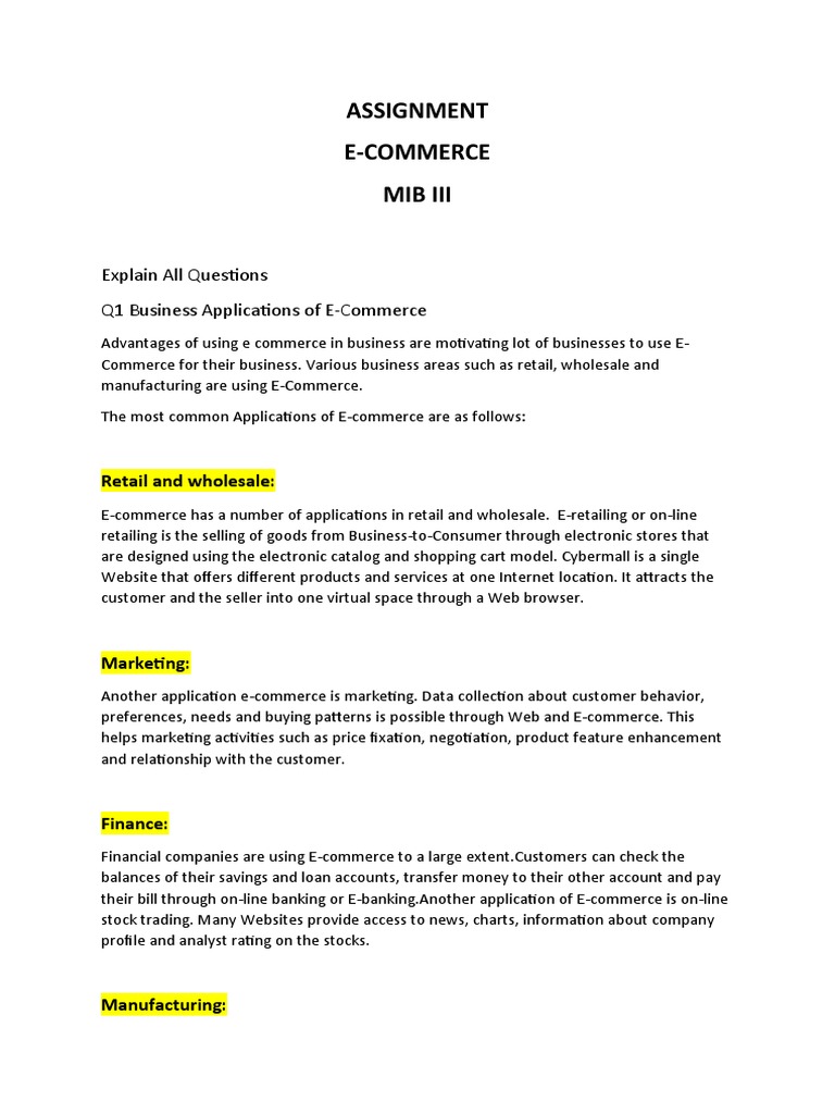 Assignment E-Commerce Mib Iii: Explain All Questions Q1 Business ...