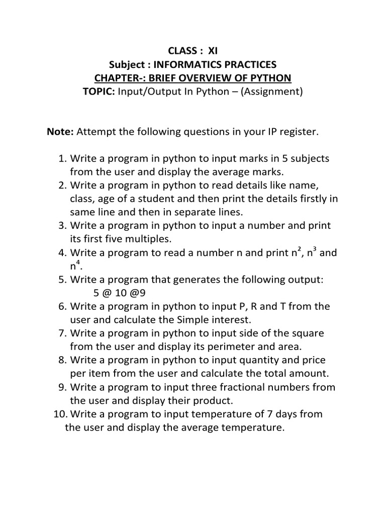 11 IP-Brief Overview of Python (Input Output) - Assignment | PDF