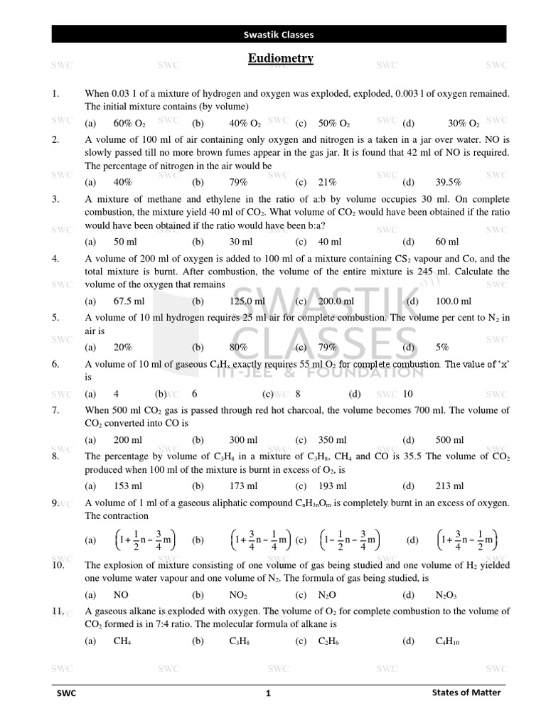 Eudiometry Problems | PDF | Carbon Monoxide | Oxygen