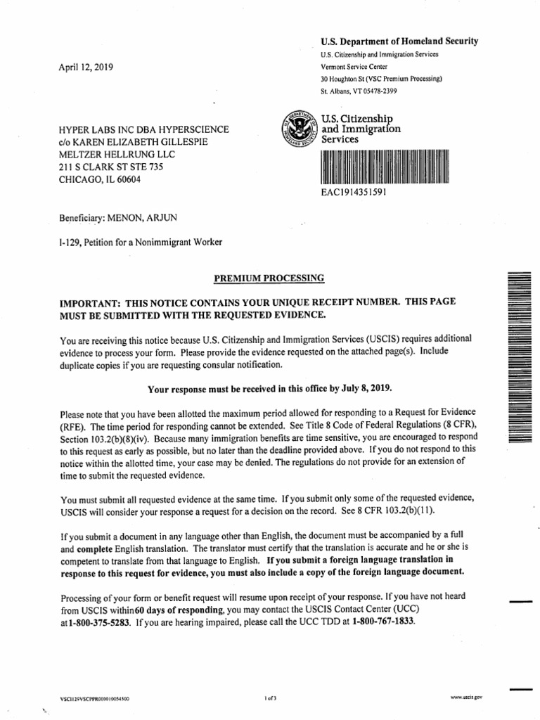 Arjun Menon HyperScience H1B RFE Notice Letter PDF | PDF