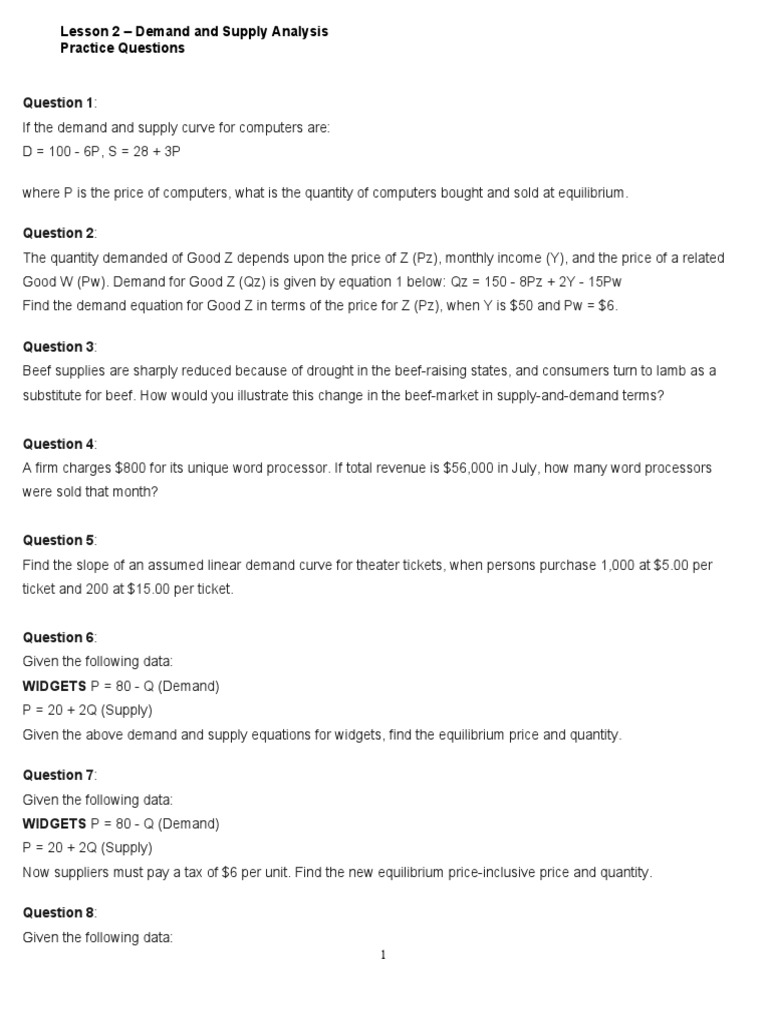 Lesson 2 - Demand and Supply Analysis Practice Questions | PDF | Demand ...