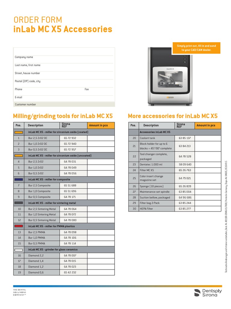 Inlab MC X5 Accessories: Order Form | PDF | Zirconium Dioxide ...