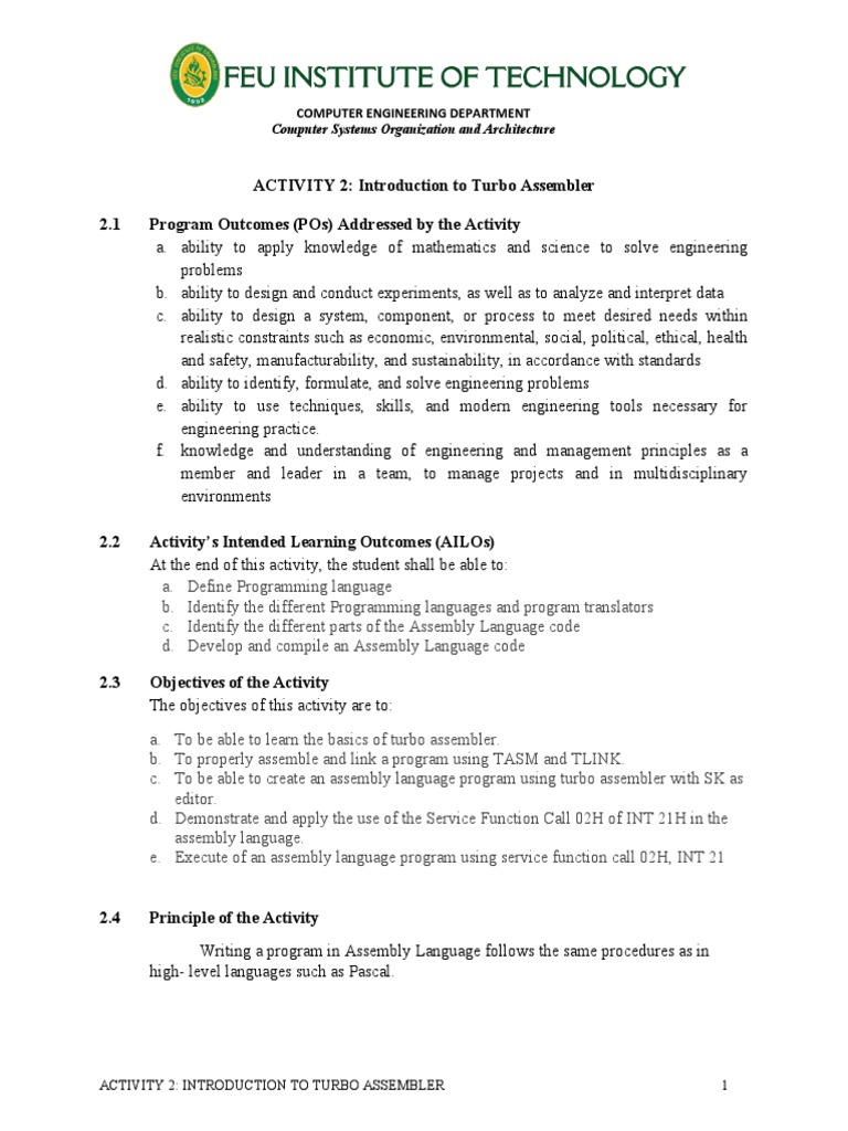 Activity 2: Introduction To Turbo Assembler 2.1 Program Outcomes (Pos ...
