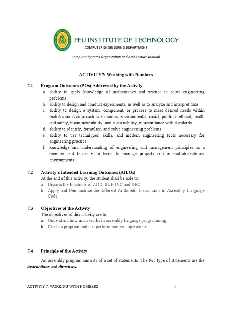 ITECOMPSYSL Activity 7 Working With Numbers | PDF | Assembly Language | Computer Program