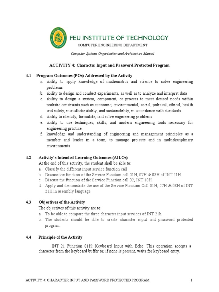 ITECOMPSYSL Activity 4 - Character Input and Password Protected Program | PDF | Engineering | Design