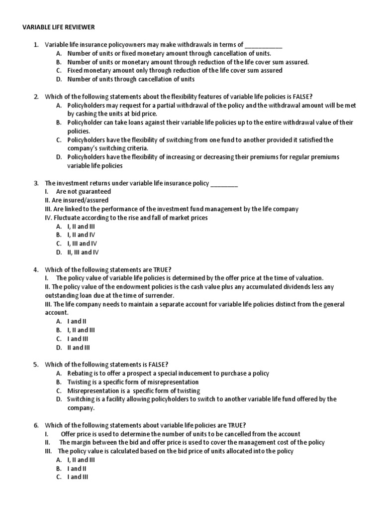 VARIABLE LIFE REVIEWER - Intermediary Exam | PDF | Life Insurance ...