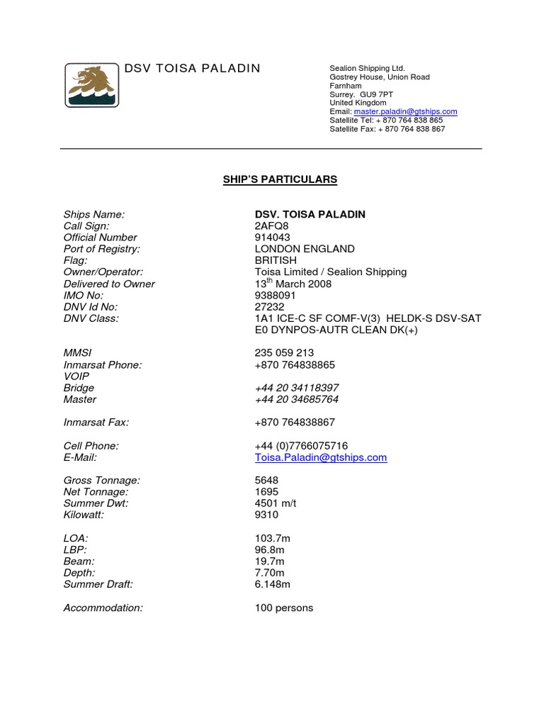 DPDSV TOISA PALADIN - Ships Particulars | PDF