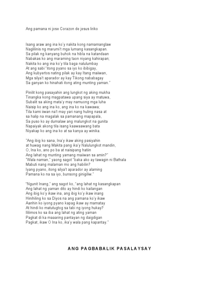 Ang Pamana Ni Jose Corazon de Jesus Liriko | PDF