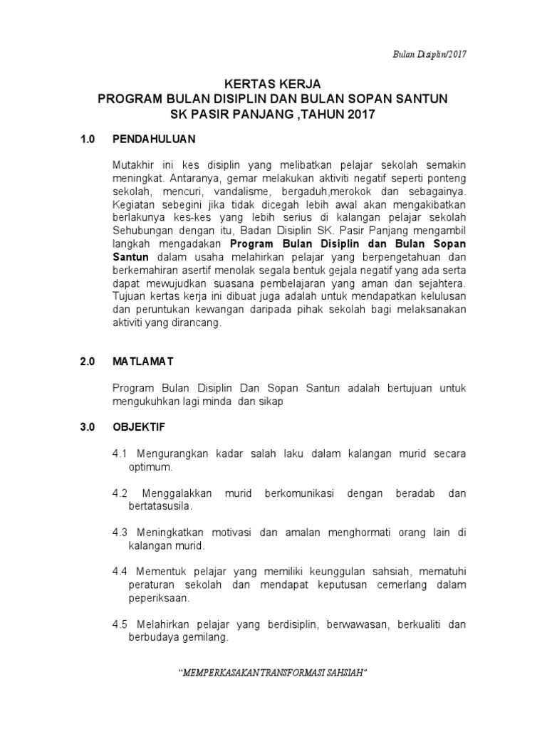Kertas Kerja Bulan Disiplin SK Manir PDF | PDF