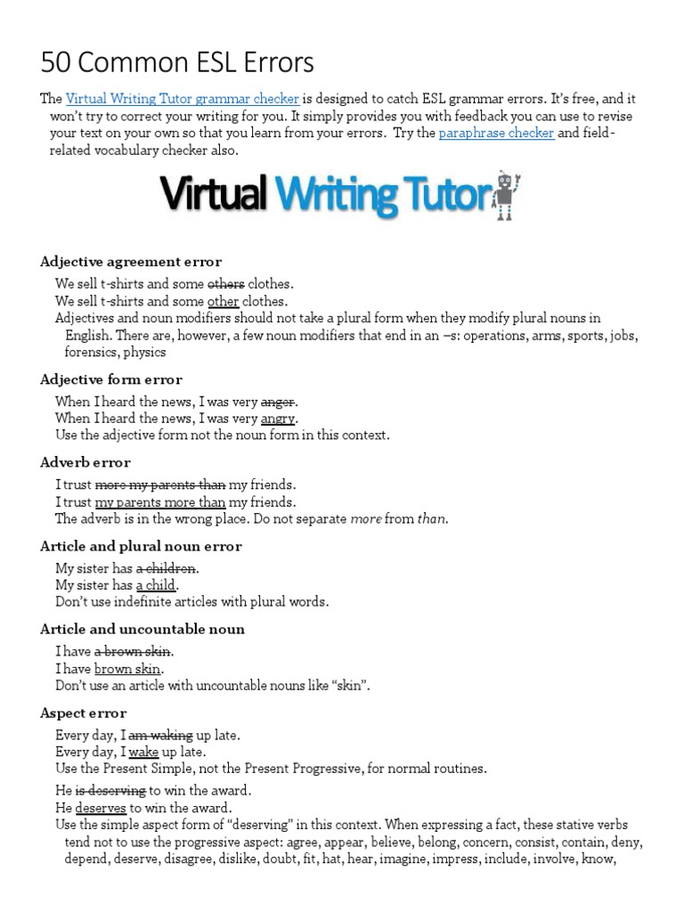50 Common ESL Grammar Errors | PDF | Verb | Noun