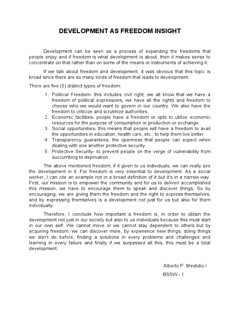 Development As Freedom Insight | PDF | Poverty | Poverty & Homelessness