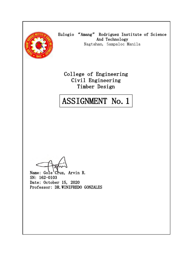 Assignment No.1: College of Engineering Civil Engineering Timber Design ...