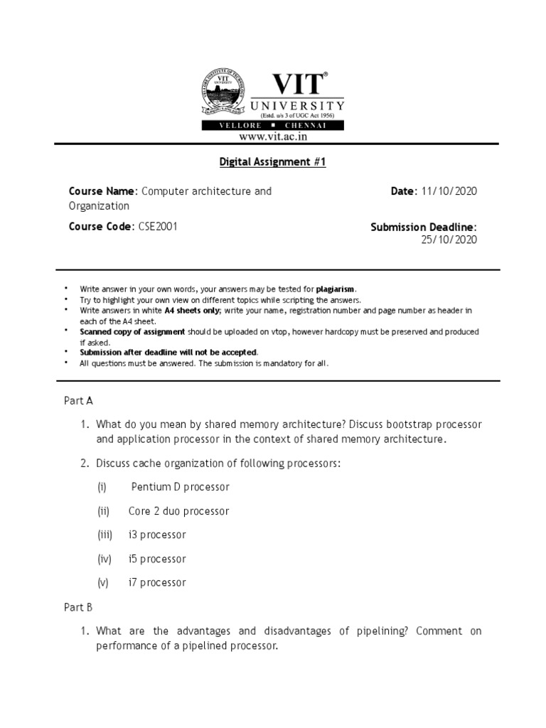 Digital Assignment #1 Course Name: Computer Architecture and Date: 11/10/2020 Course Code ...