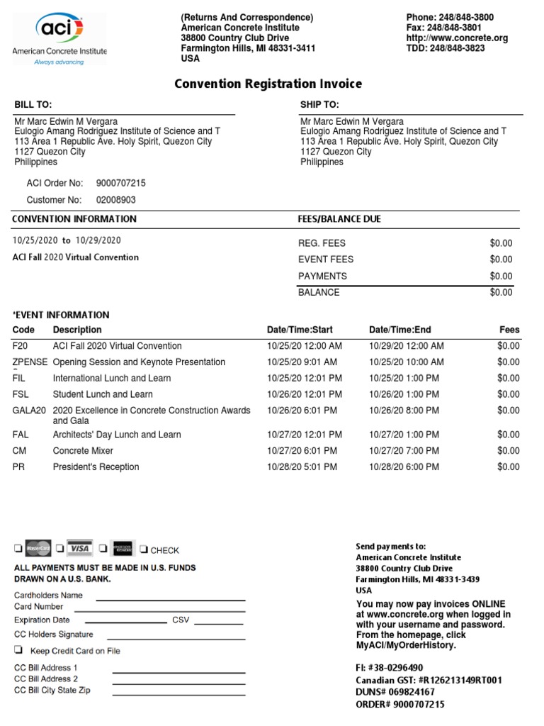 Convention Registration Invoice: Convention Information Fees/Balance ...