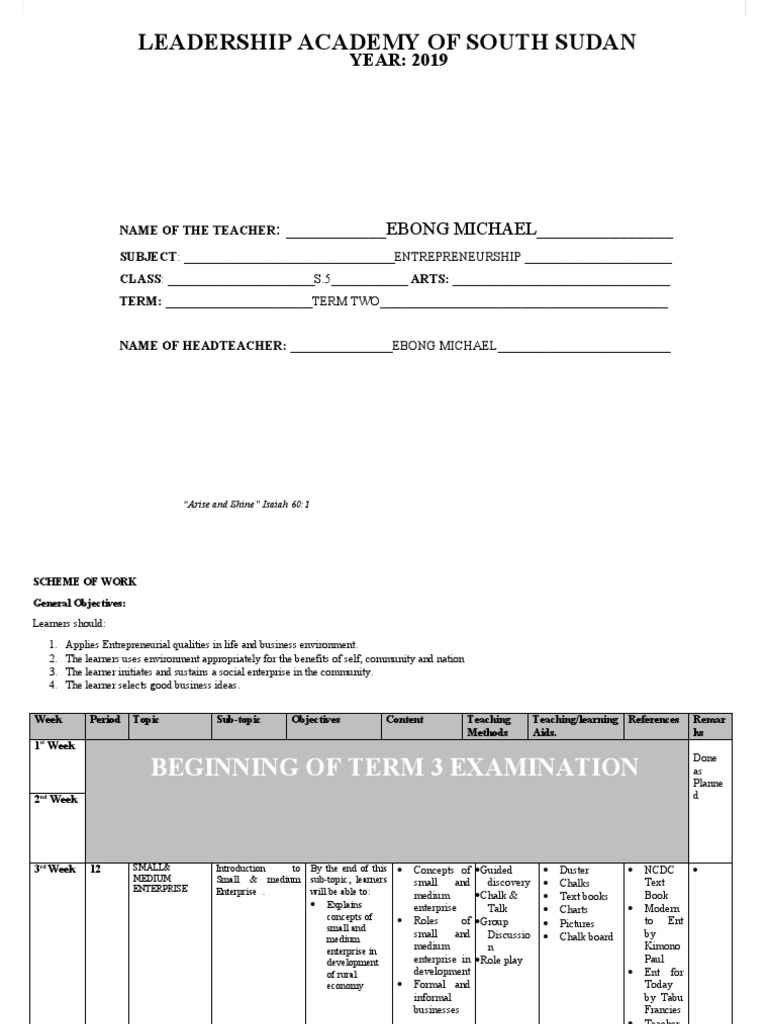 Scheme of Work. Template | PDF | Entrepreneurship | Pedagogy