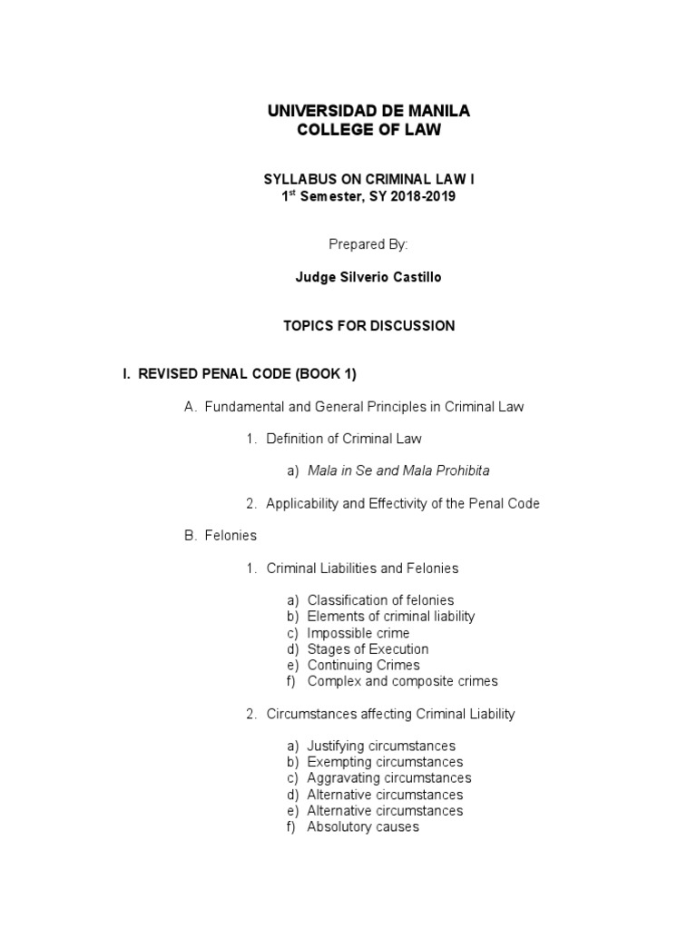 Universidad de Manila College of Law: Syllabus On Criminal Law I 1 ...
