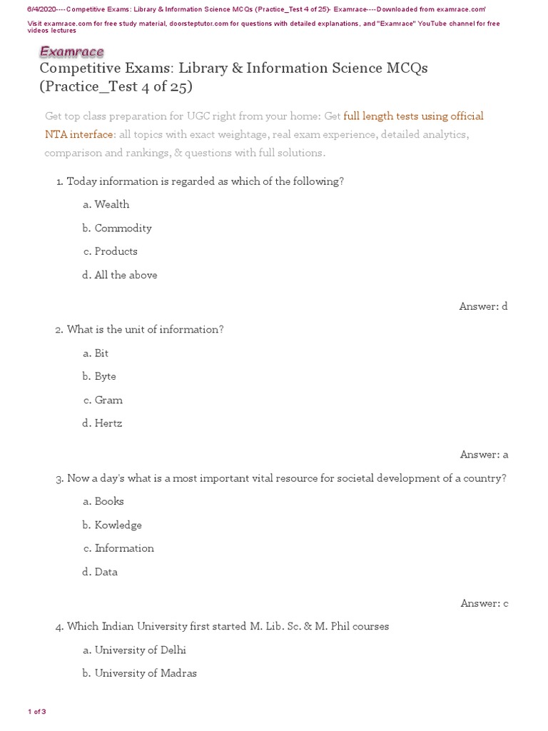 Library Information Science Mcqs Practice Test 4 Pdf Pdf