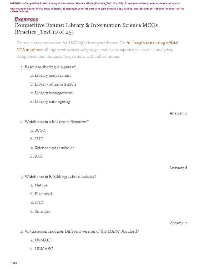 Competitive Exams: Library & Information Science MCQs Practice Test ...