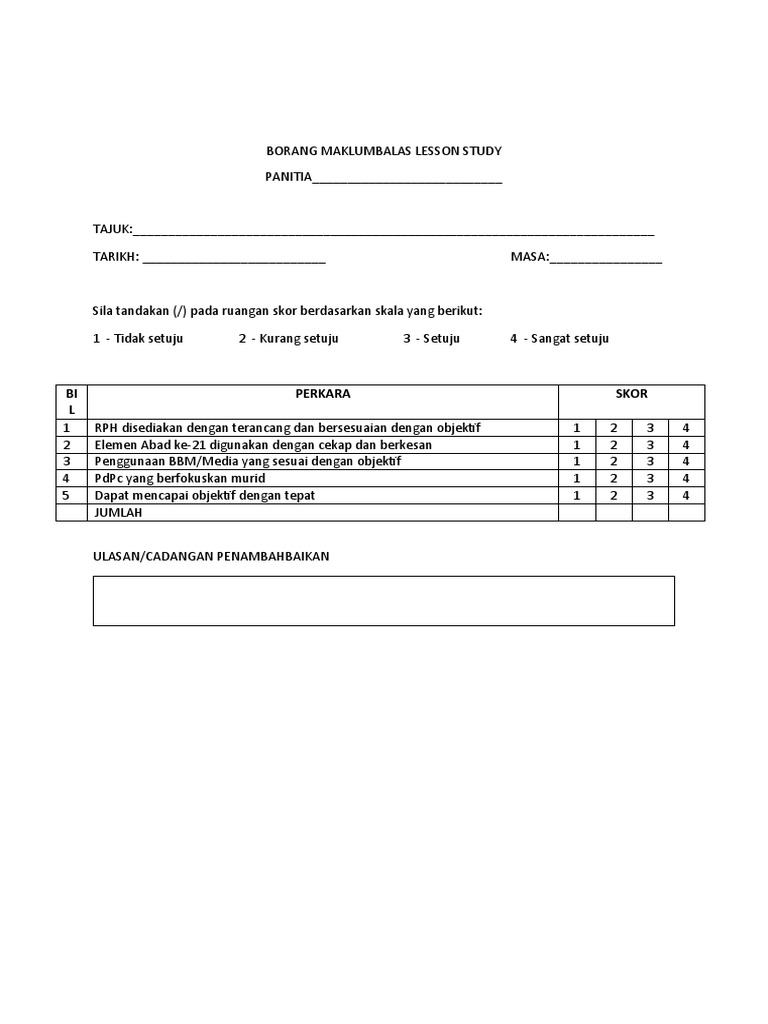 Borang Maklumbalas Lesson Study | PDF