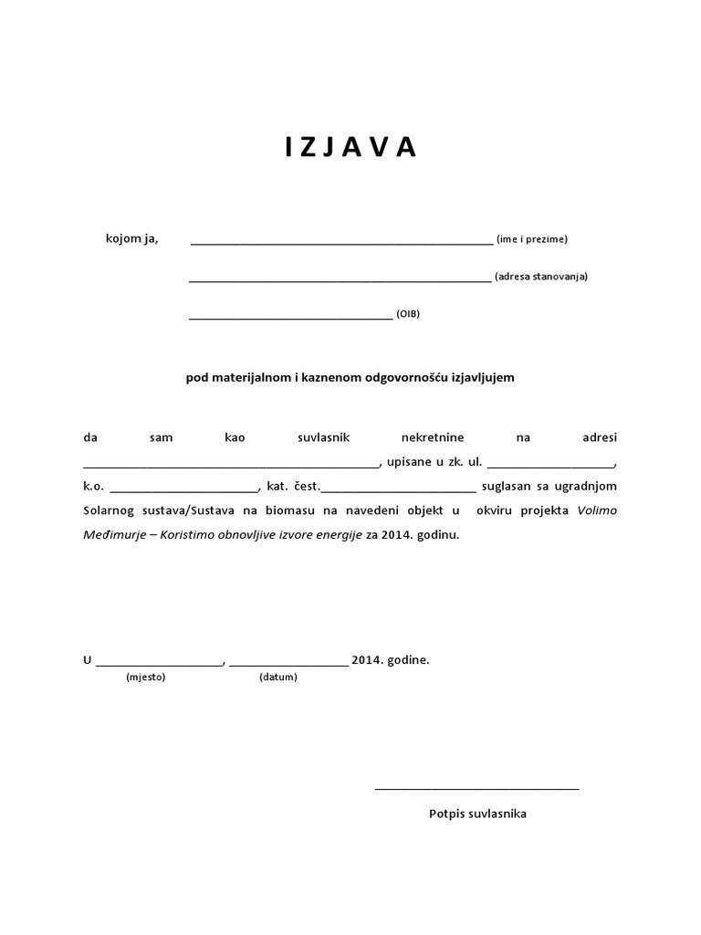 Izjava o Suglasnosti Suvlasnik | PDF