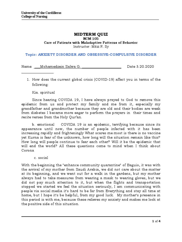 Midterm Quiz: Topic: Anxiety Disorder and Obsessive-Compulsive Disorder ...