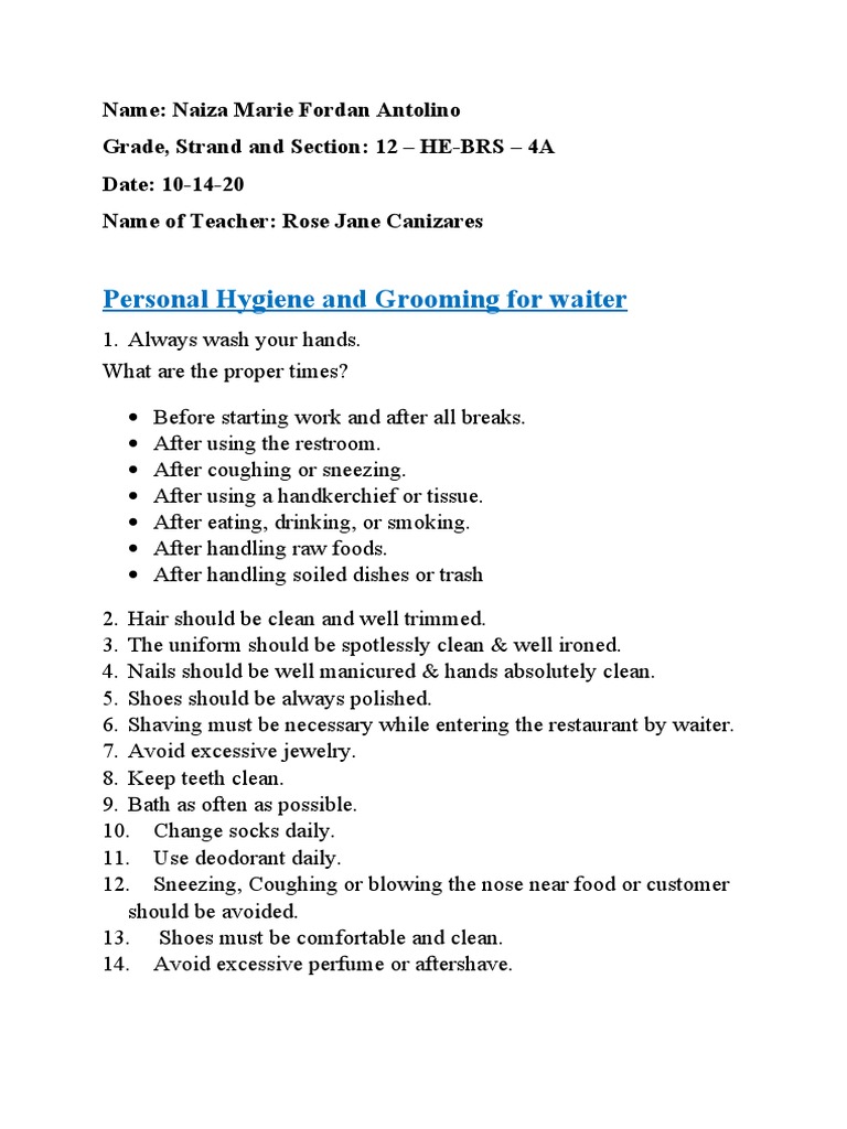 Personal Hygiene and Grooming For Waiter | PDF