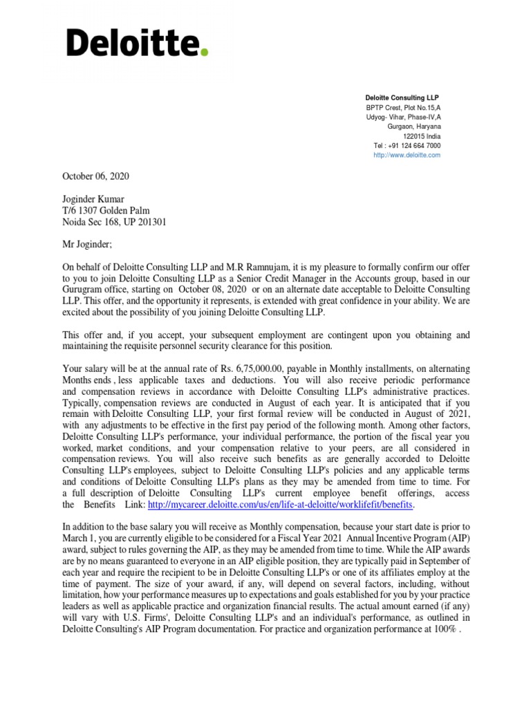 Joginder Offer Letter Deloitte Isi | PDF | Employment | Business