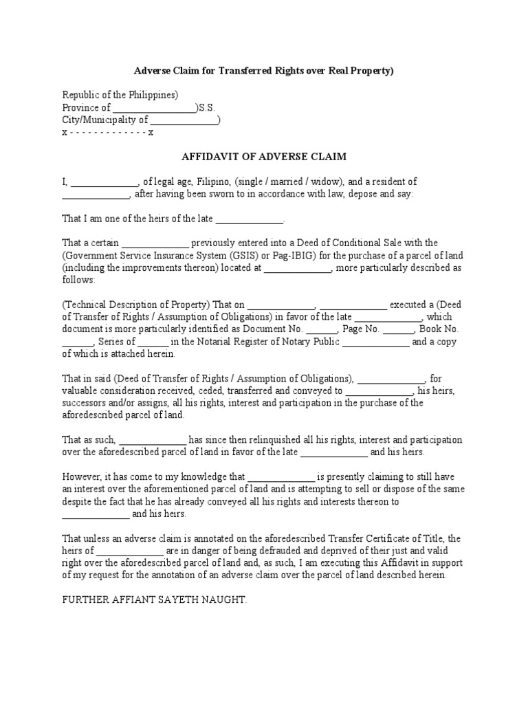 Adverse Claim For Transferred Rights Over Real Property | PDF ...