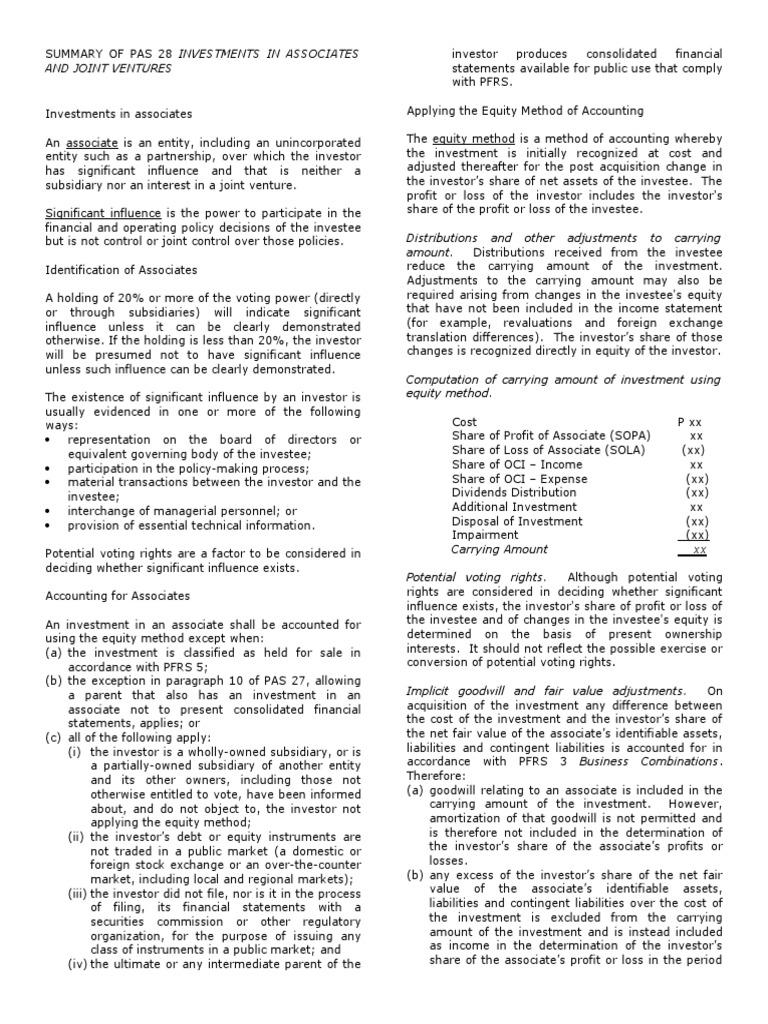 Summary of Pas 28 Investments in Associates and Joint Ventures | PDF ...
