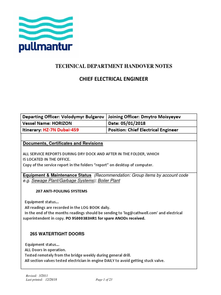 Chief Electrical Engineer Handover Notes | PDF | Washing Machine ...
