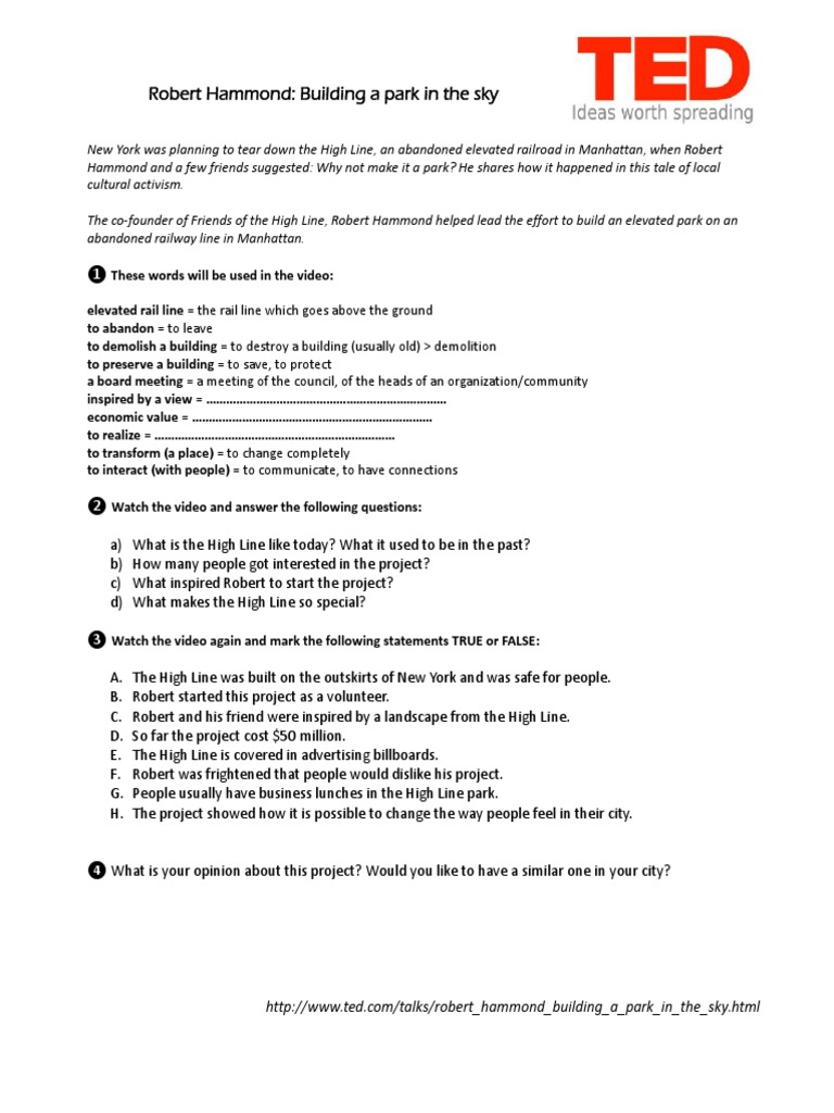 Ted Talk Worksheet - Bulding A Park in The Sky | PDF