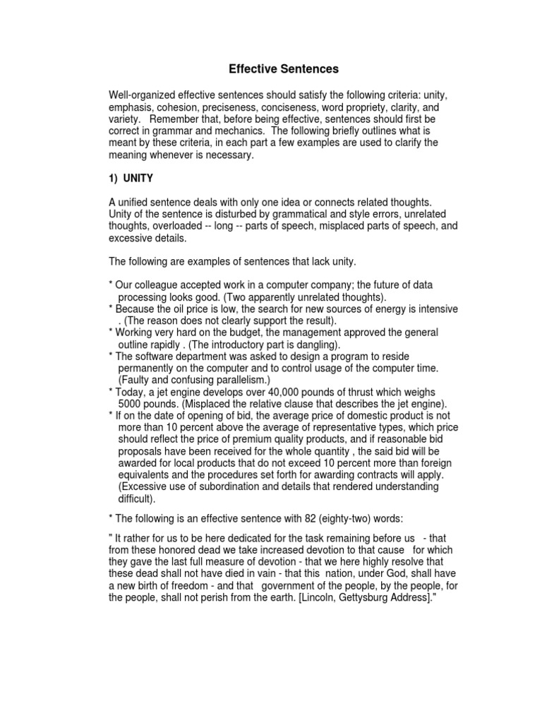 Effective Sentences: 1) Unity | PDF | Verb | Sentence (Linguistics)