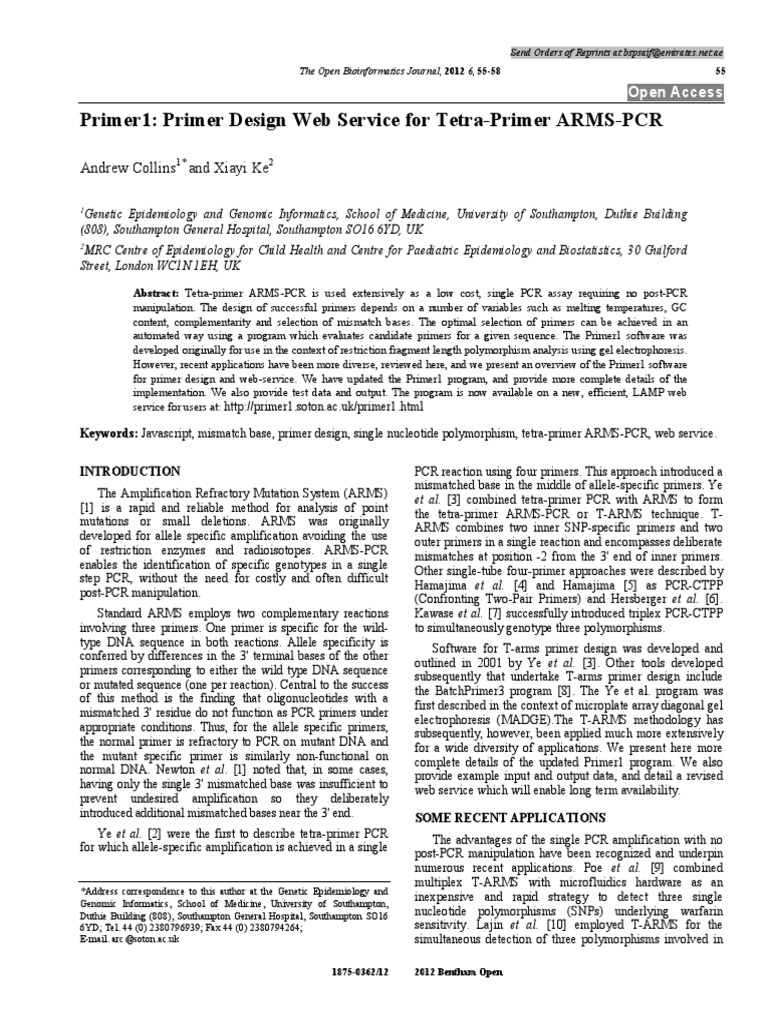 Primer1: Primer Design Web Service For Tetra-Primer ARMS-PCR | PDF ...