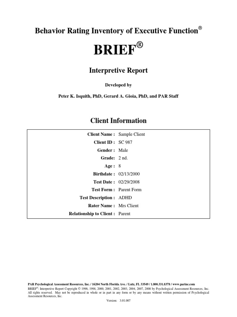 BRIEF - IR - Parent - Form SAMPLE PDF | PDF | Impulsivity | Working Memory
