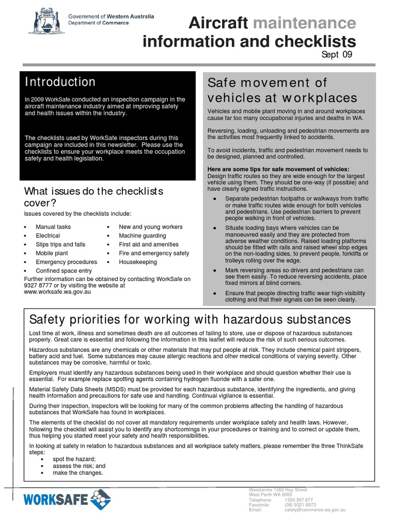 Aircraft Maintenance Safety Checklists | PDF | Occupational Safety And ...
