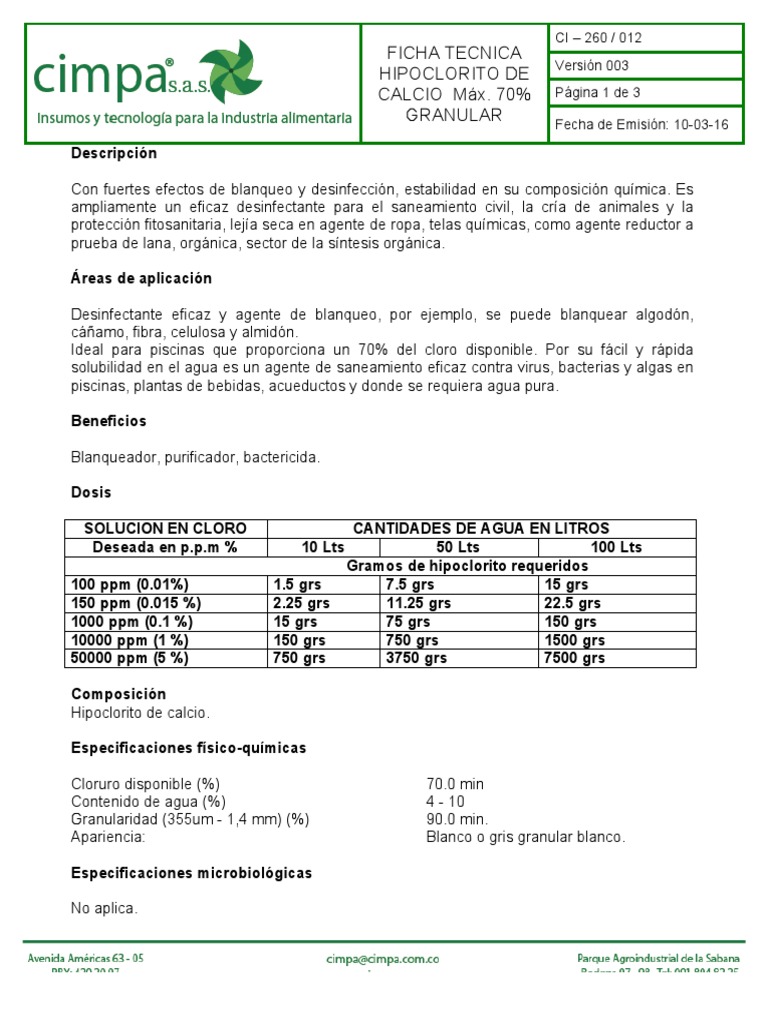 Ficha Técnica Hipoclorito de Calcio Granulado | PDF | Cloro | Sustancias químicas
