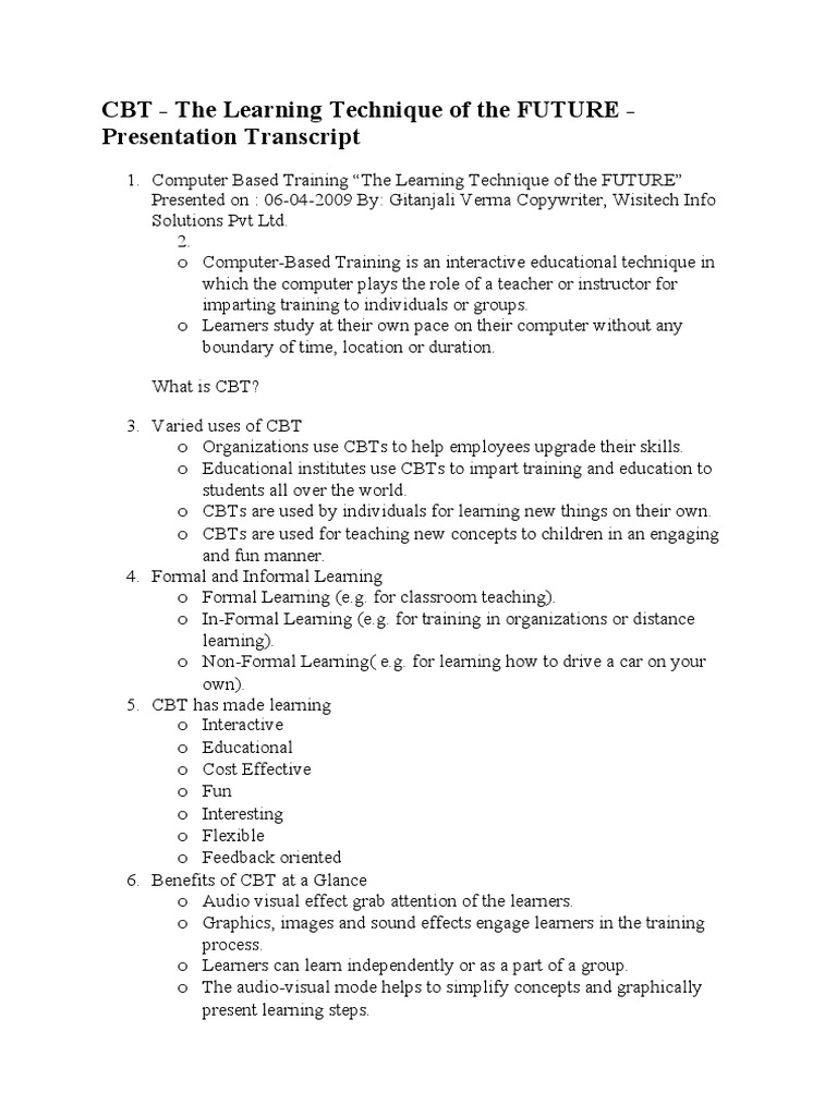 CBT - The Learning Technique of The FUTURE - Presentation Transcript | PDF | Educational ...