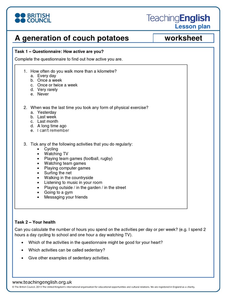 A Generation of Couch Potatoes Worksheet PDF | PDF