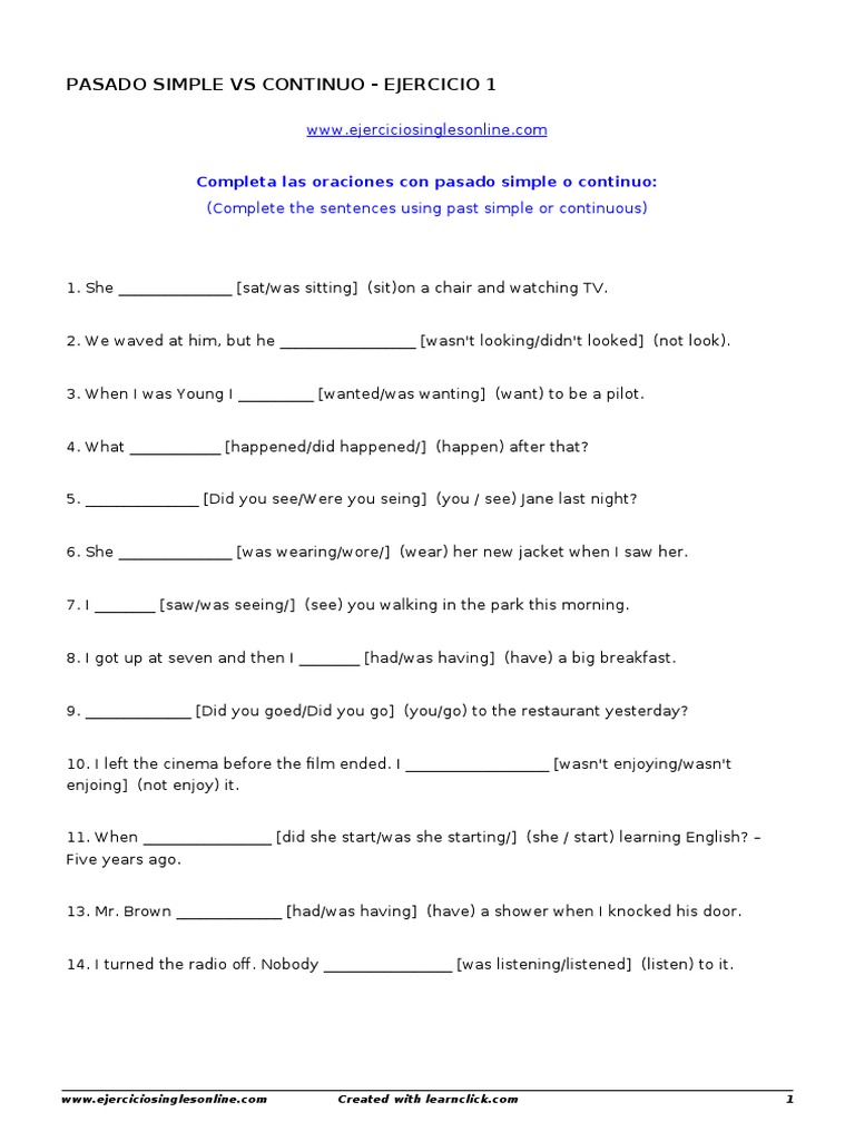 Pasado Simple Vs Continuo Ejercicio 1 | PDF