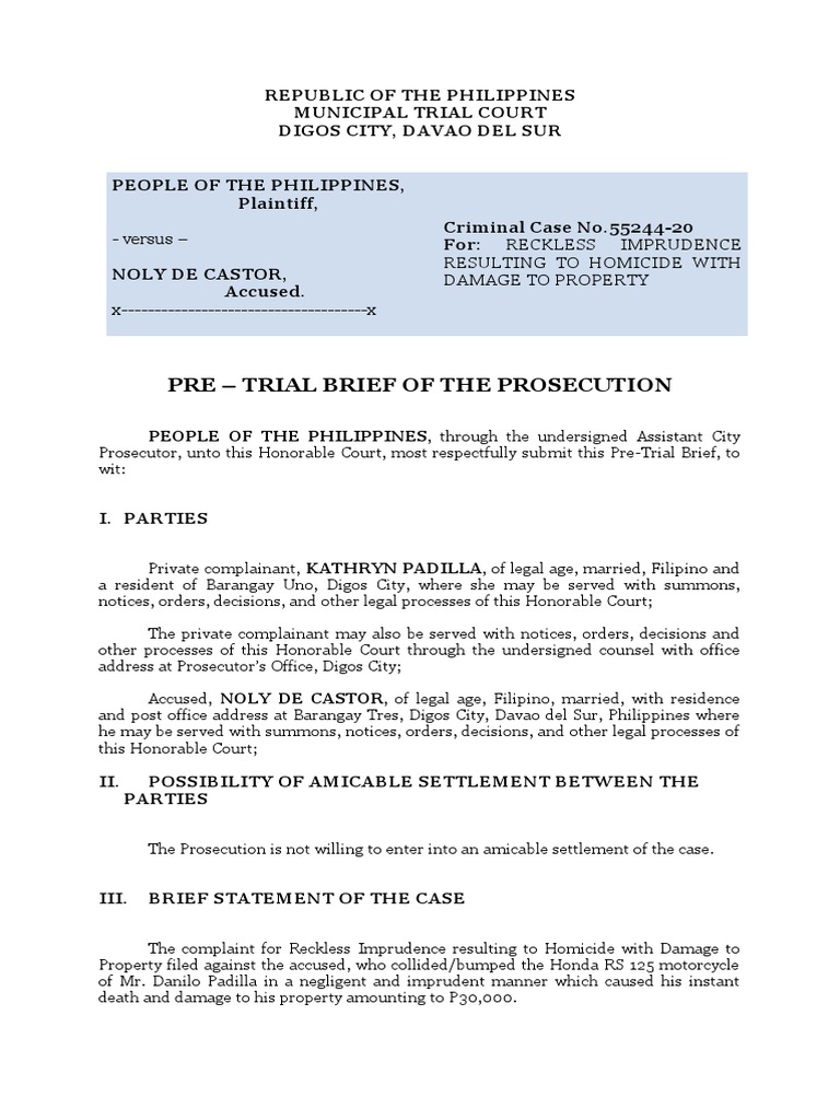 Pre-Trial Brief: Reckless Imprudence Case | PDF | Felony | Prosecutor