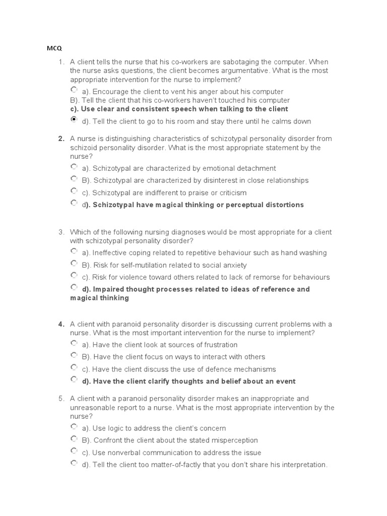 Mental Health Nursing MCQ | PDF | Personality Disorder | Mental Disorder