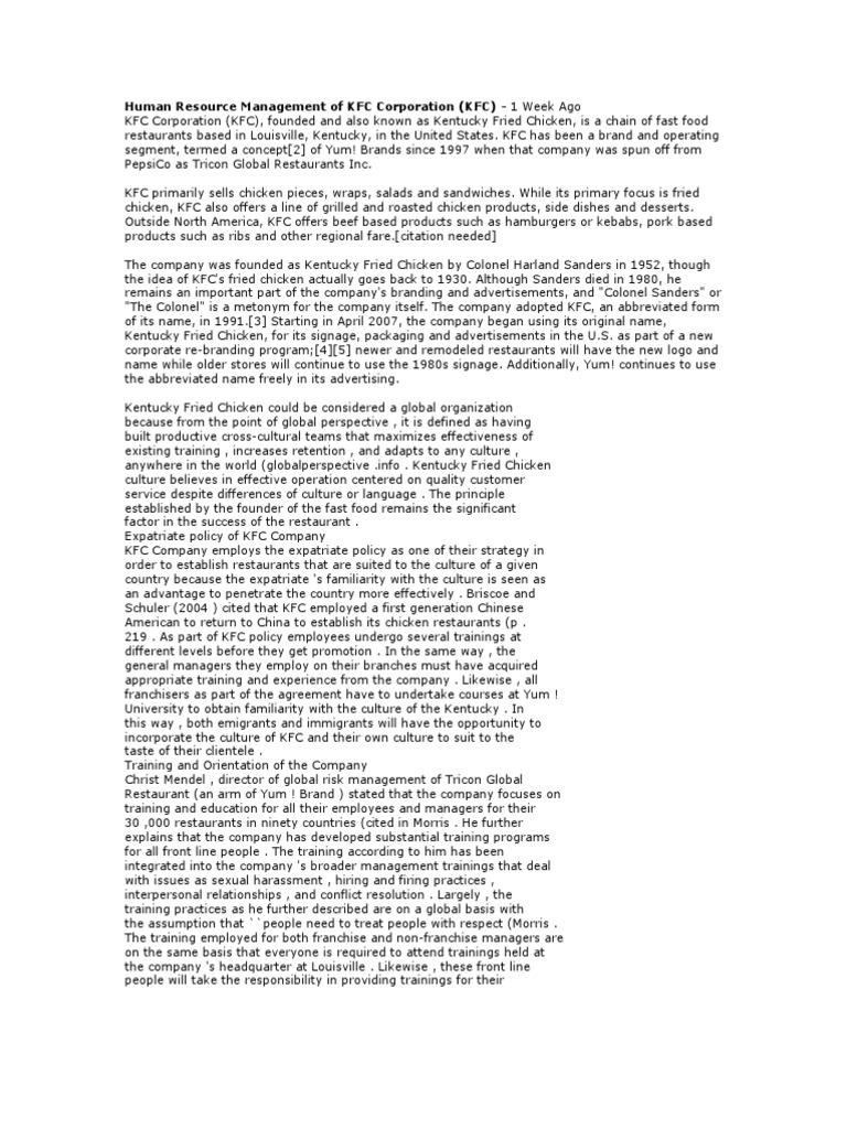 Human Resource Management of KFC Corporation | PDF | Human Resource ...