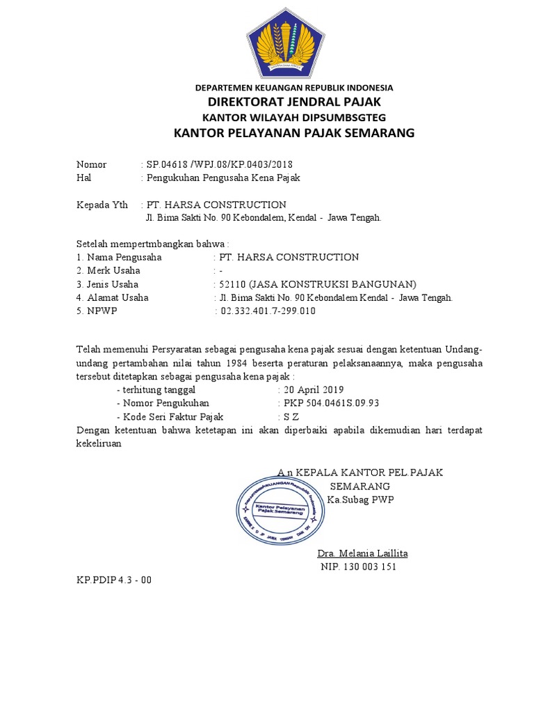 Surat Pengukuhan Kena Pajak | PDF