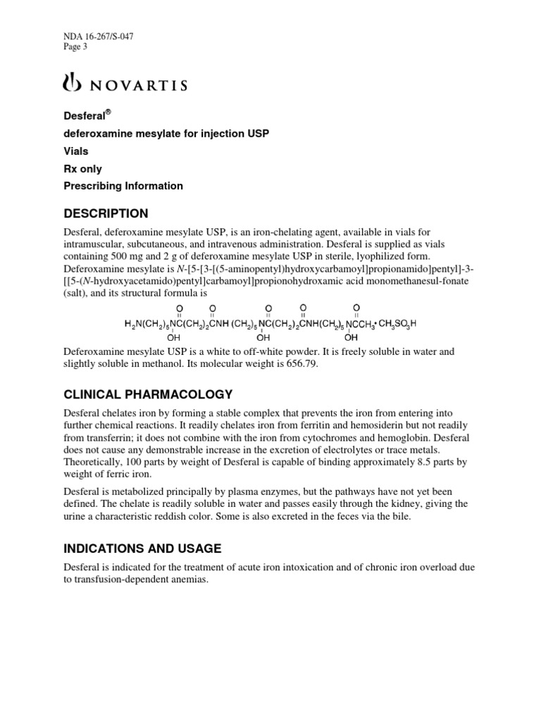 Description: Desferal Deferoxamine Mesylate For Injection USP Vials RX ...