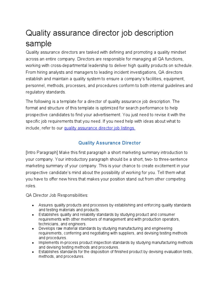Quality Assurance Director Job Overview | PDF | Quality Assurance | Science