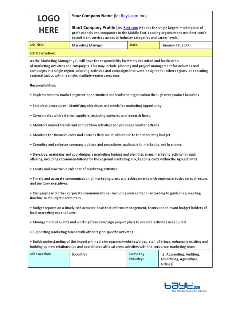 Marketing Manager - Job Description | PDF | Business | Marketing