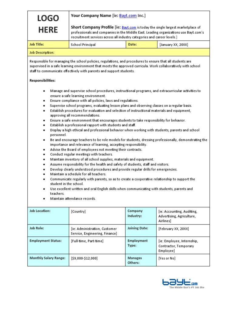 School Principal Job Description Template | PDF | Academic Degree ...